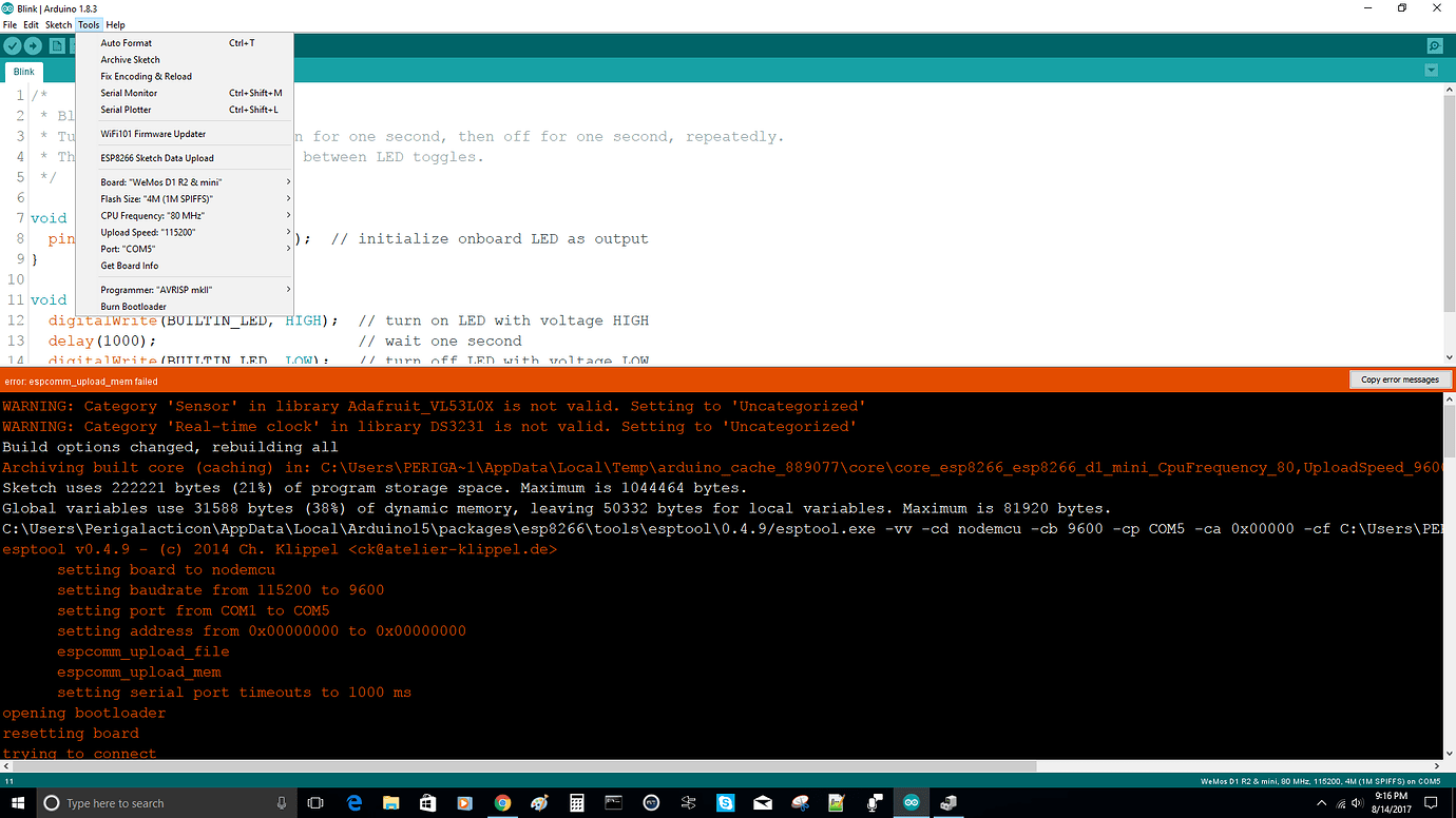 Cannot upload to Wemos board in Arduino IDE - Solved - Blynk Community