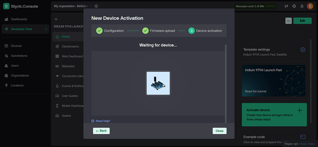 Iridium 9704 Certus Development Kit not registering to Blynk network ...