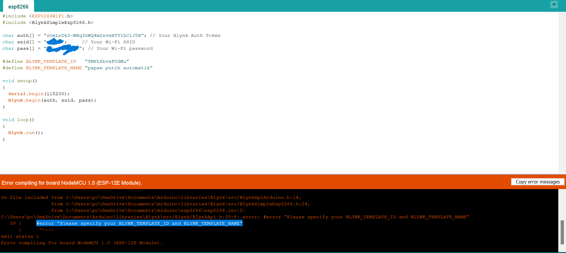 Why It Says Error Please Specify Your Blynk Template Id And Blynk Template Name Even Even I